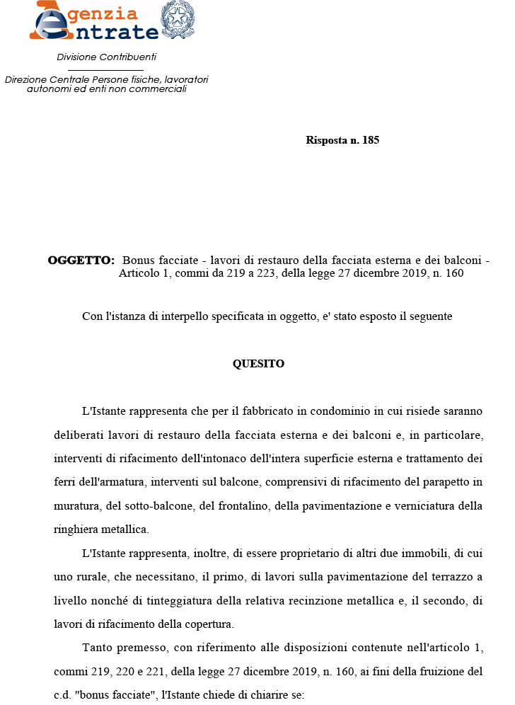 Risposta interpello Agenzia entrate n. 185 del 12.6.2020 (bonus ... Risposta interpello Agenzia entrate n. 185 del 12.6.2020 (bonus ...